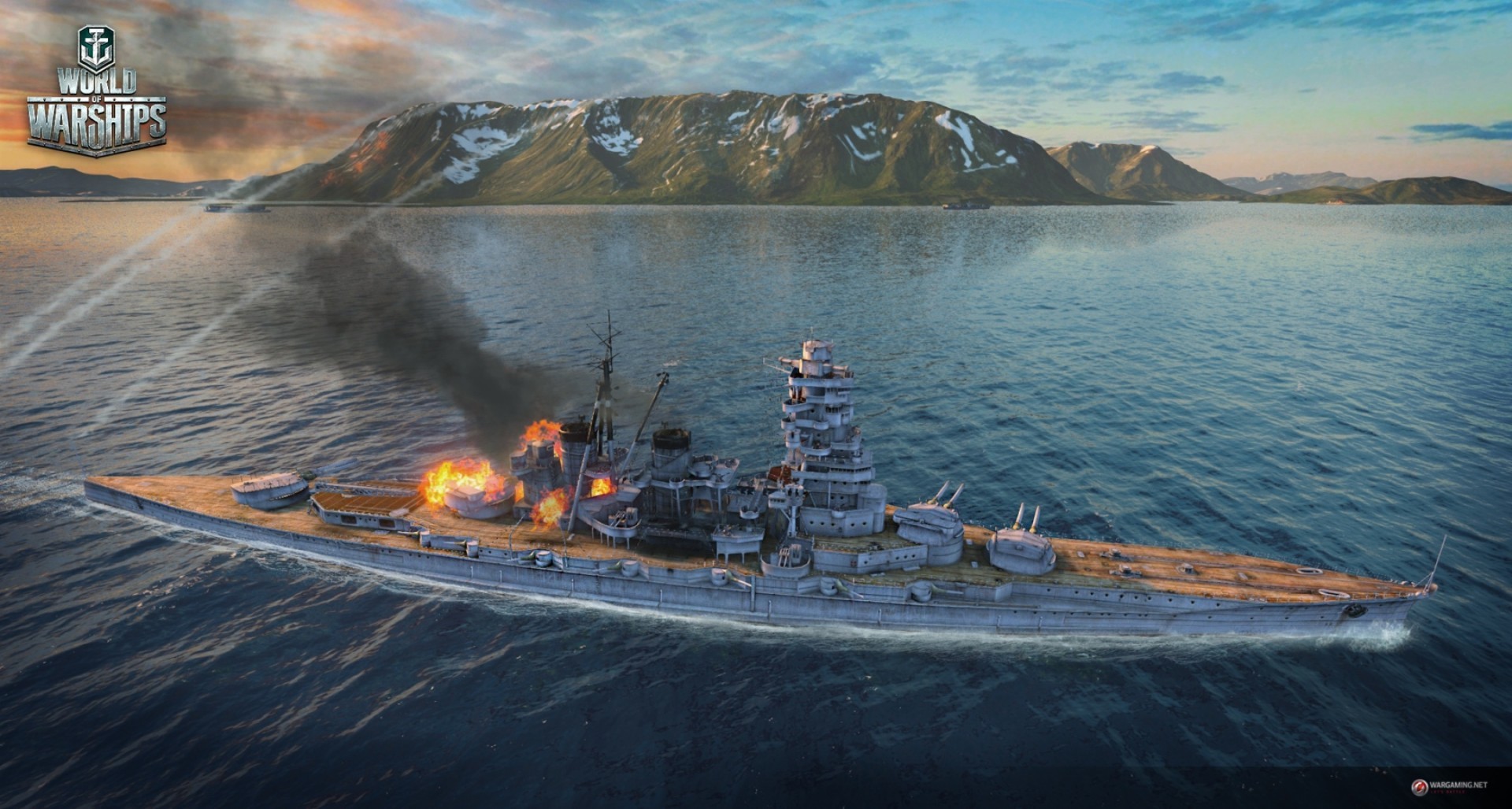 Imperial Japanese Navy battleship Kongō afire. Screenshot from World of ...